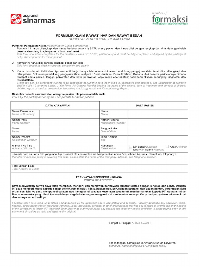 Form Klaim Rawat Inap - Bedah Asuransi Sinar Mas | PDF