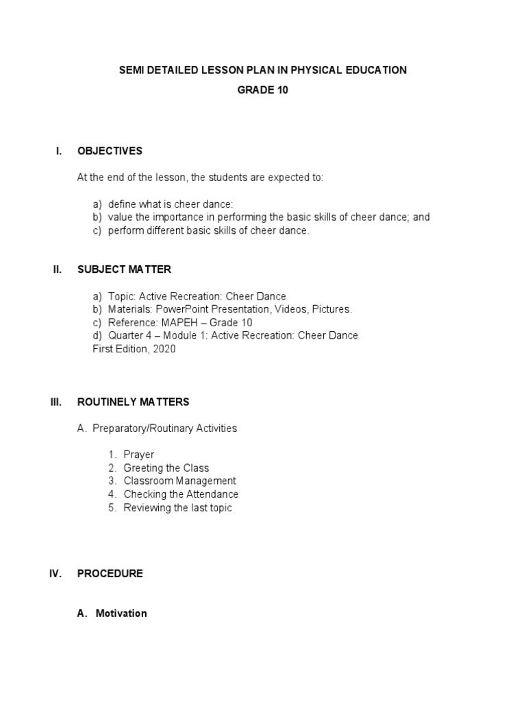 Semi Detailed Lesson Plan in Physical Education Grade 10 | Download ...