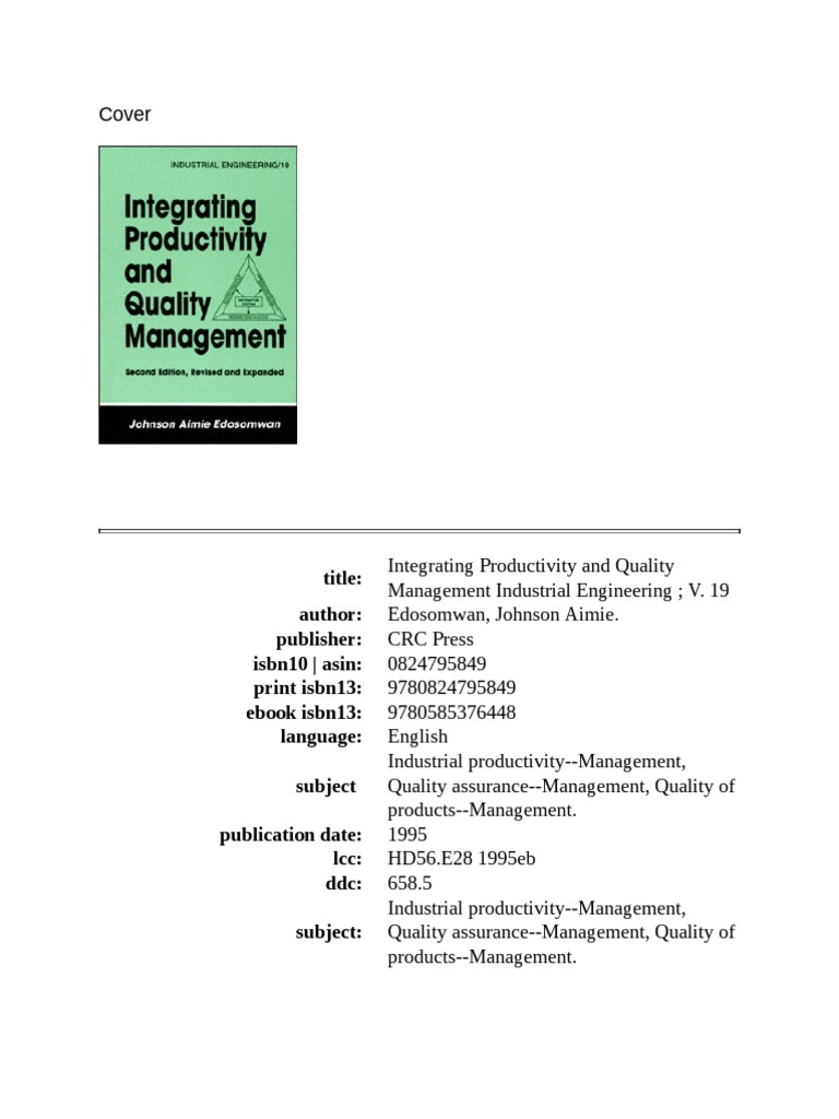 Integrating Productivity And Quality Management Pdfdrive Pdf