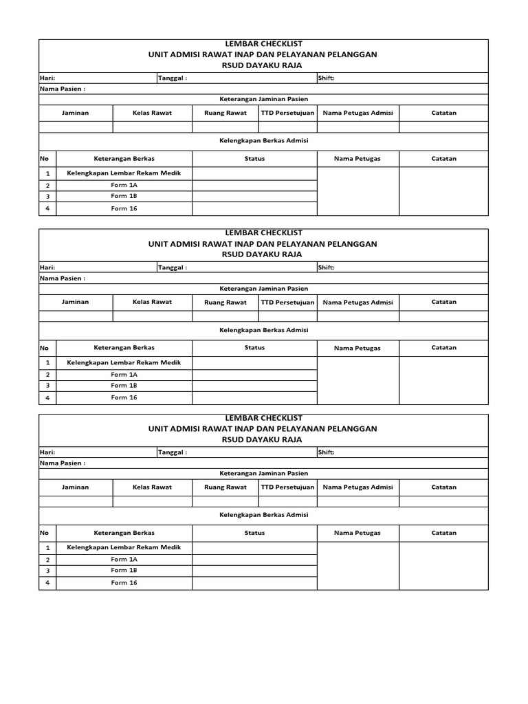 Lembar Check List Admisi Rawat Inap | PDF