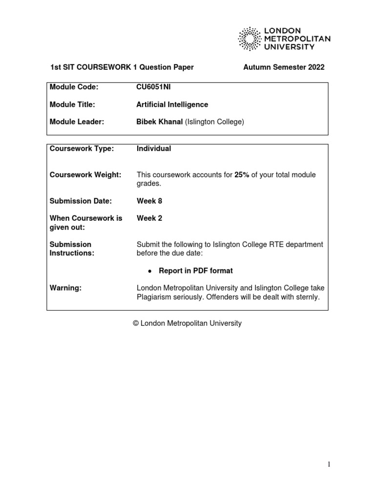 CU6051NI - Artificial Intelligence Y21 (1st Sit) - CW1 QP | PDF ...