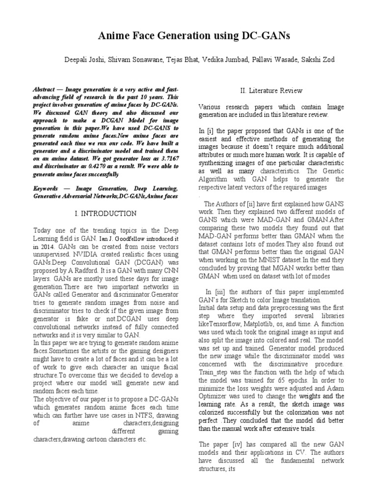 Anime Face Generation Using DC-GANs | PDF Anime Face Generation Using DC-GANs | PDF