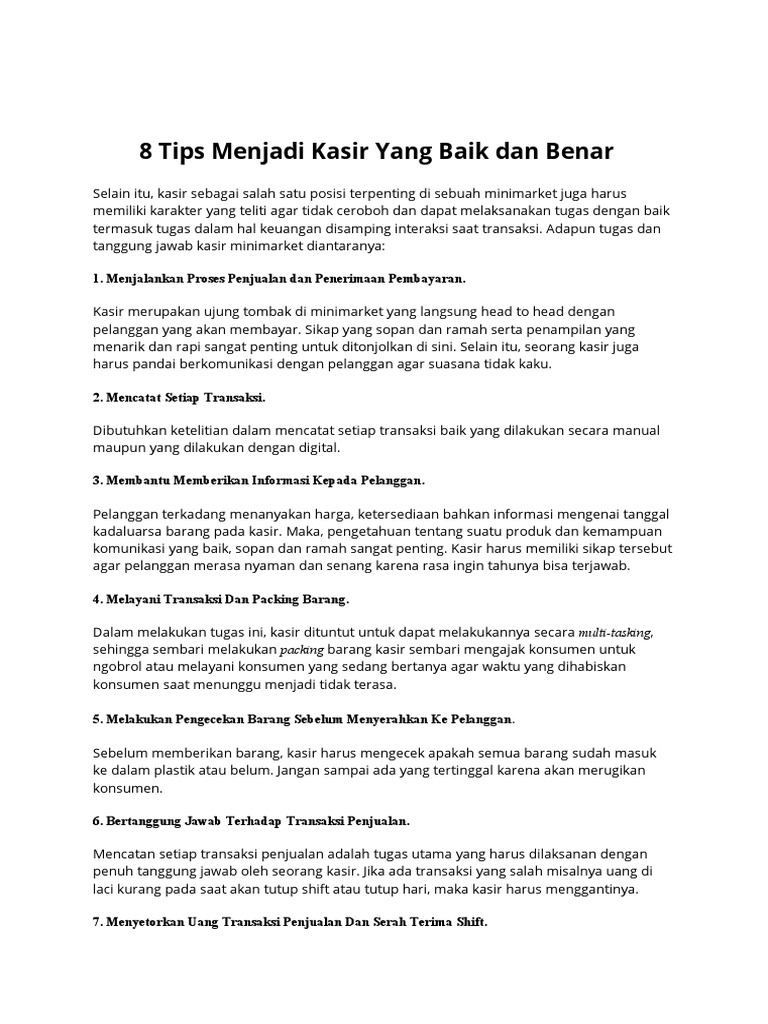 Tips Menjadi Kasir Yang Baik Dan Benar | PDF