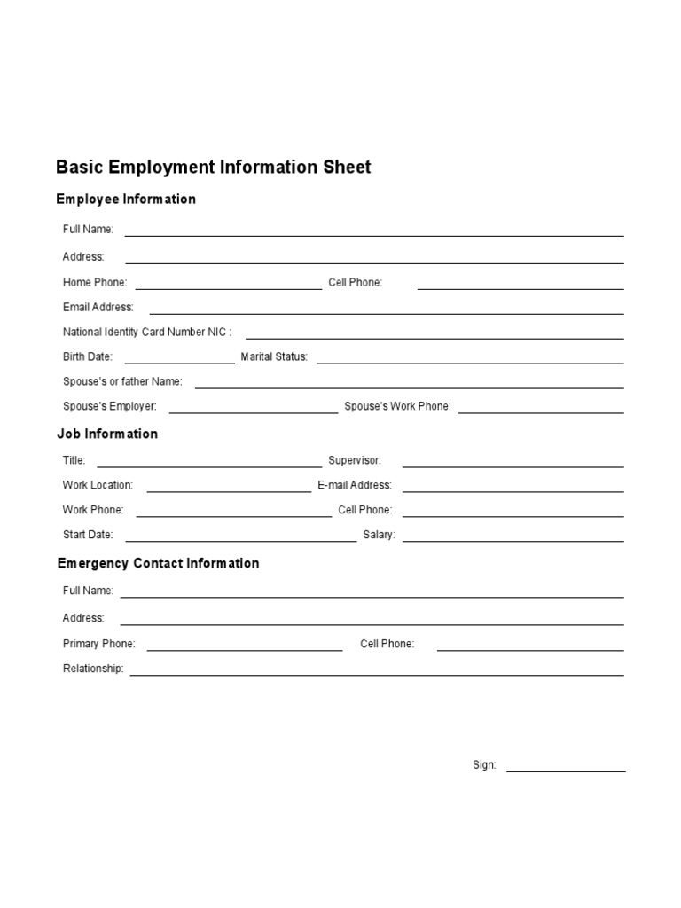 Basic Employment Information Sheet | PDF | Career & Growth | Wellness