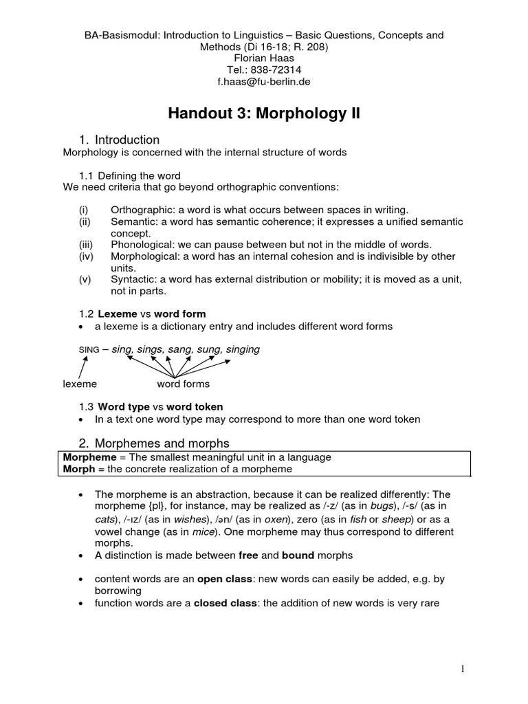 Handout 3: Morphology II | PDF | Word | Morphology (Linguistics)