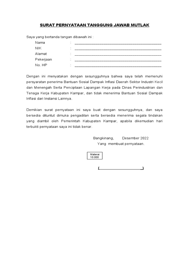 Surat Pernyataan Tanggung Jawab Mutlak | PDF
