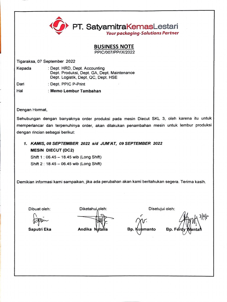 Memo Lembur Tambahan Kamis, 8 Sept-Jum'at, 9 Sept 2022 | PDF