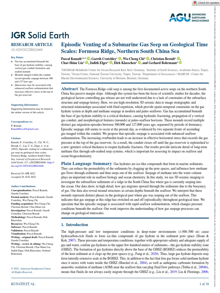 JGR Solid Earth - 2022 - Kunath - Episodic Venting of A Submarine Gas Seep On Geological Time ...