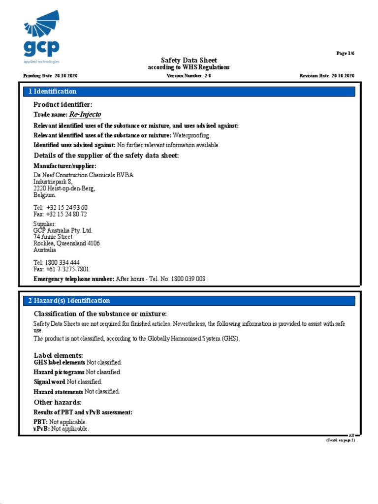 SD65307 - Re-Injecto (AU) | PDF | Chemistry | Occupational Safety And ...