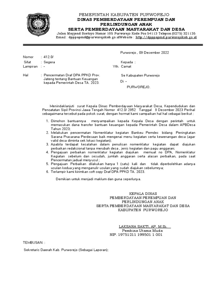 Surat Pencermatan Draf DPA PPKD Prov. Jateng | PDF