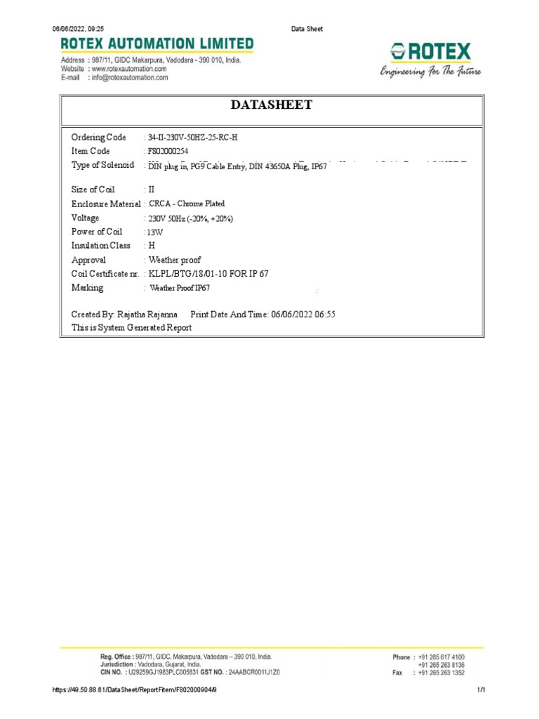 Datasheet: 34-II-230V-50HZ-25-RC-H F802000254 DIN Plug In, PG9 Cable ...