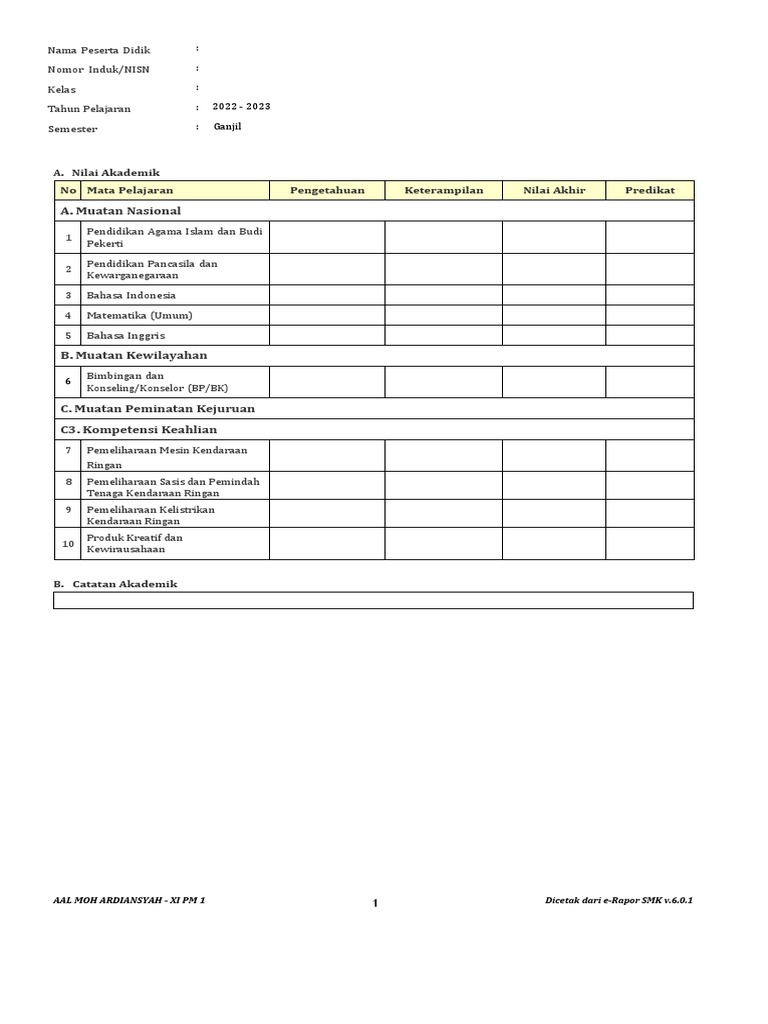 Format Raport Kelas Xii Tkro | PDF