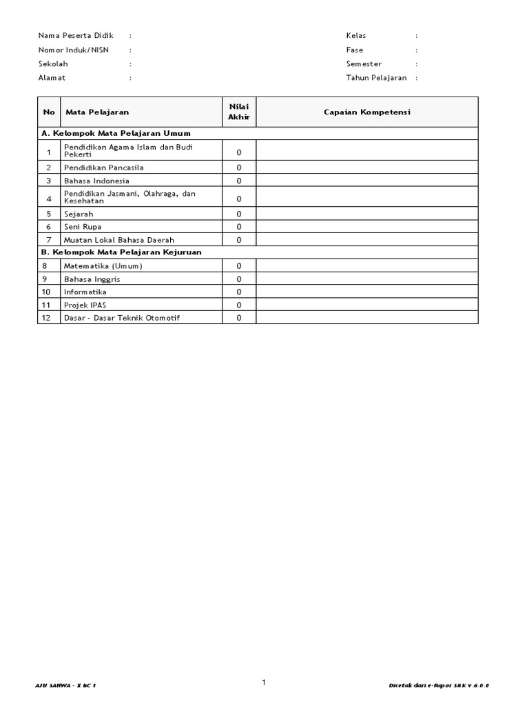 Format Raport Kelas X TKR | PDF