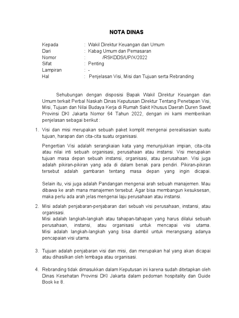 Nota Dinas Usulan Penetapan Visi, Misi, Tujuan Dan Budaya Kerja | PDF