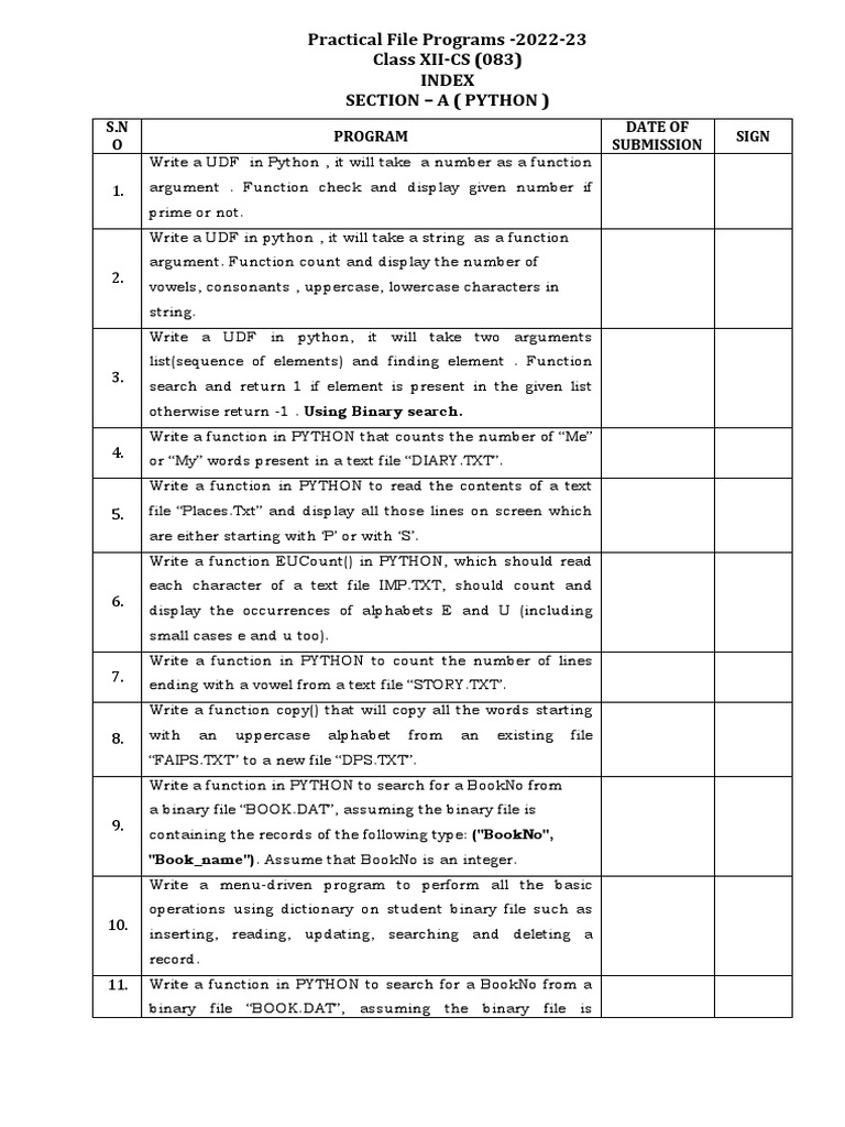 Class XII CS Practical File Programs 2022-23 | PDF | Computer File | Text File