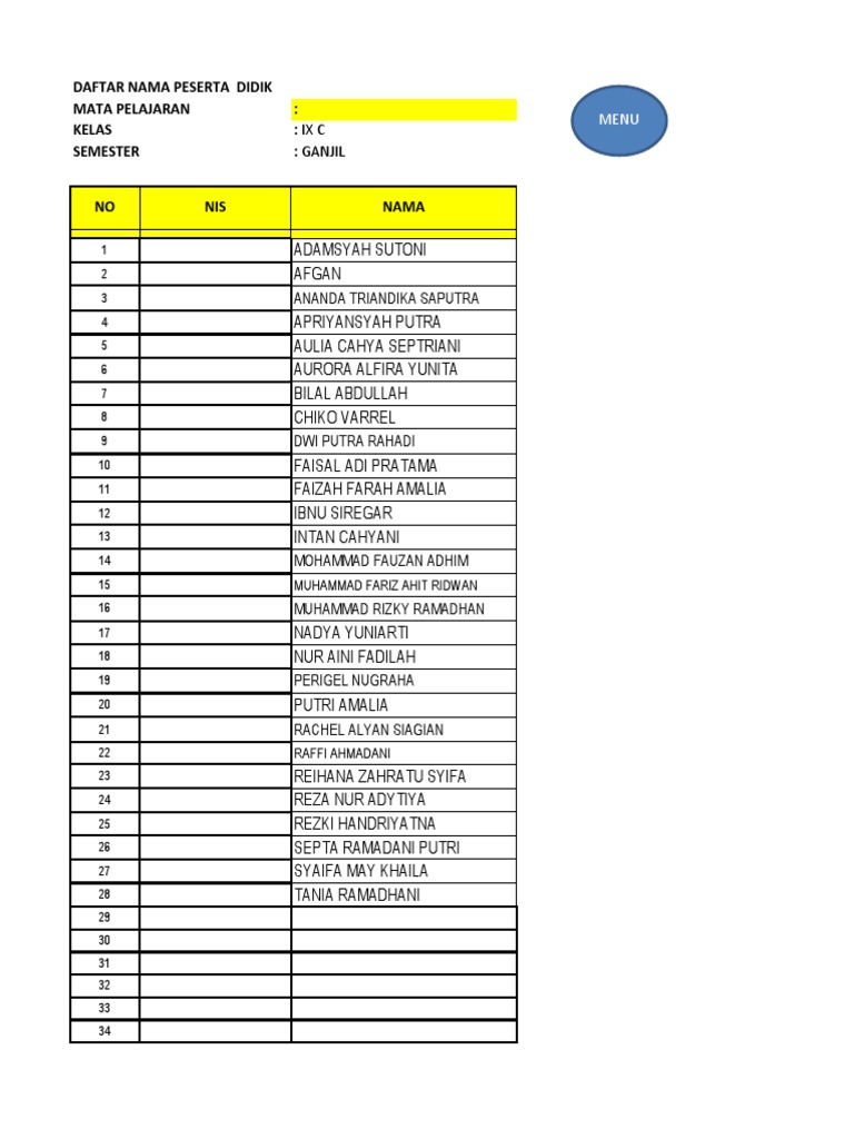 Format Nilai Pas Kelas 9C | PDF