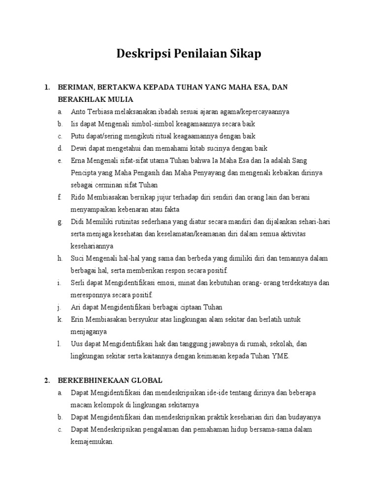 Deskripsi Penilaian Sikap | PDF