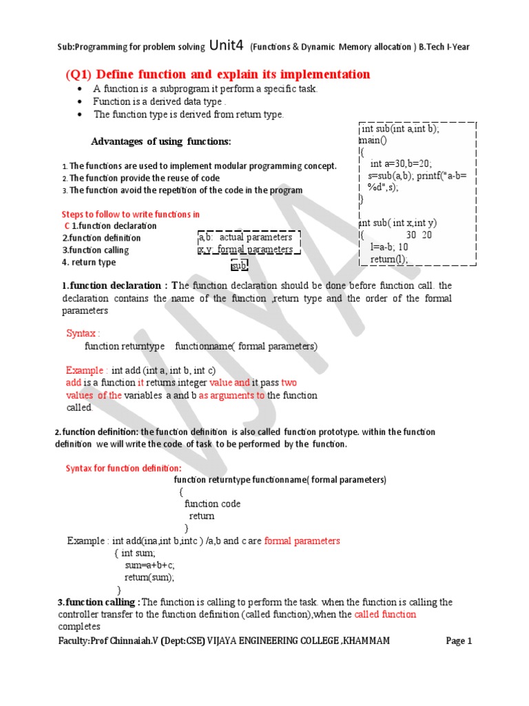 Unit4-Pps-functions &dynamic Memory Allocation | Download Free PDF | Subroutine | Parameter ...