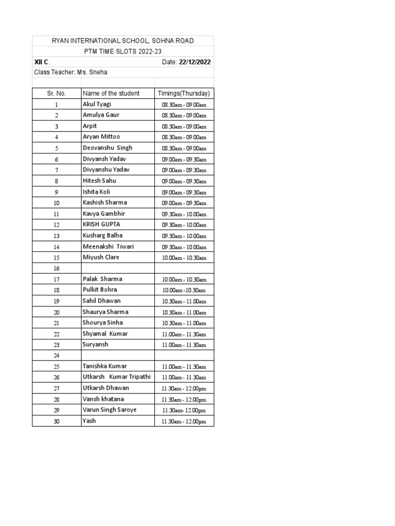 Pre Board 1 Ptm Time Slots | PDF