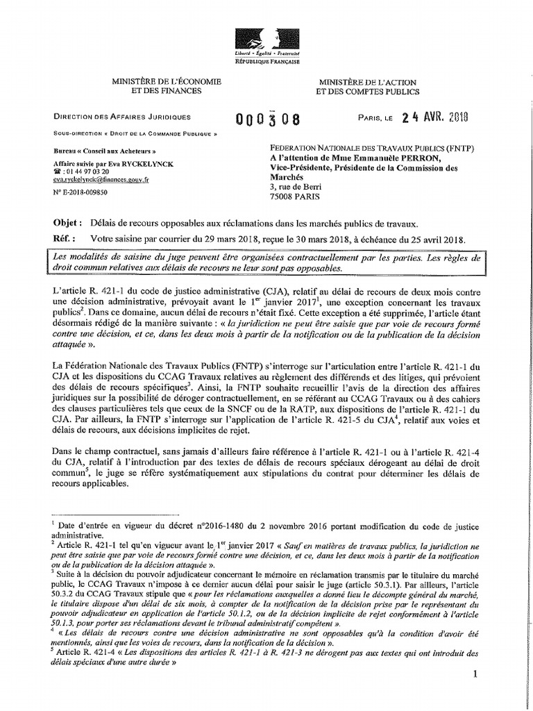 308 Delais de Recours Opposables Aux Reclamations Dans Les Marches Publics de Travaux Daj 2018 ...
