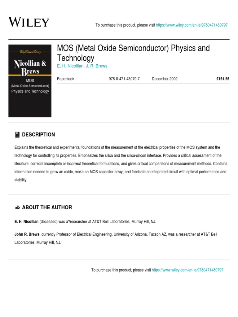 Wiley - MOS (Metal Oxide Semiconductor) Physics and Technology - 978!0 ...
