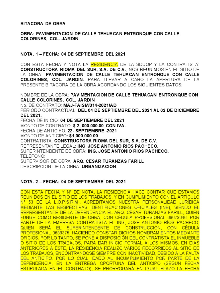 Bitacora de Obra Nicolás Bravo | PDF | Hormigón