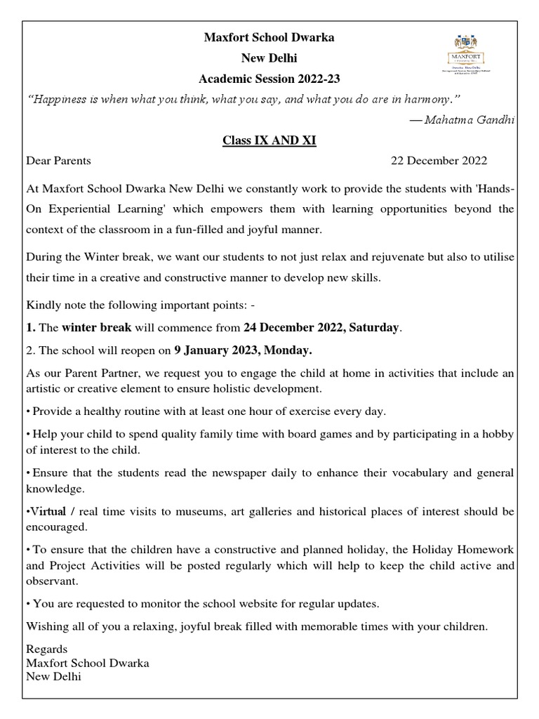 Maxfort School Dwarka Winter Break Letter: Guidance for Parents on ...