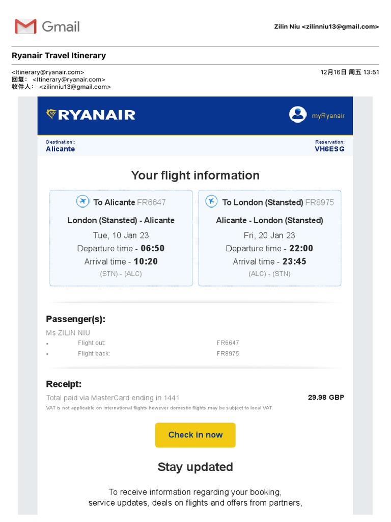 Ryanair Travel Itinerary | PDF | Aviation | Transport
