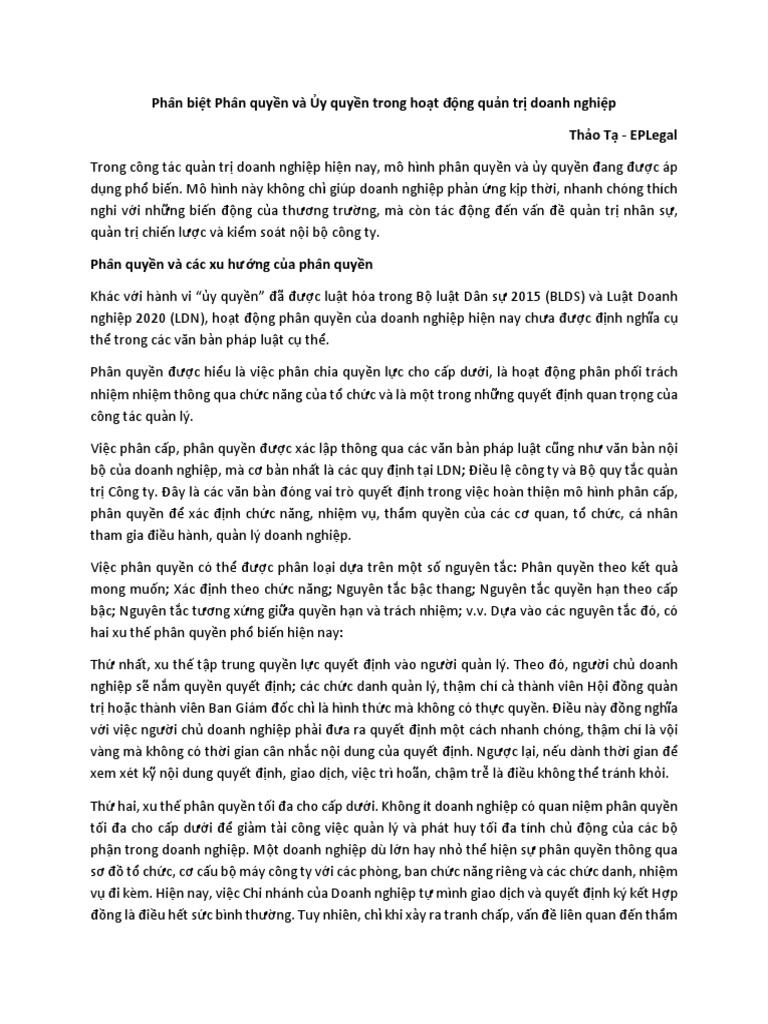 Phan Biet Phan Quyen Va Uy Quyen Trong Hoat Dong Quan Tri Doanh Nghiep | PDF