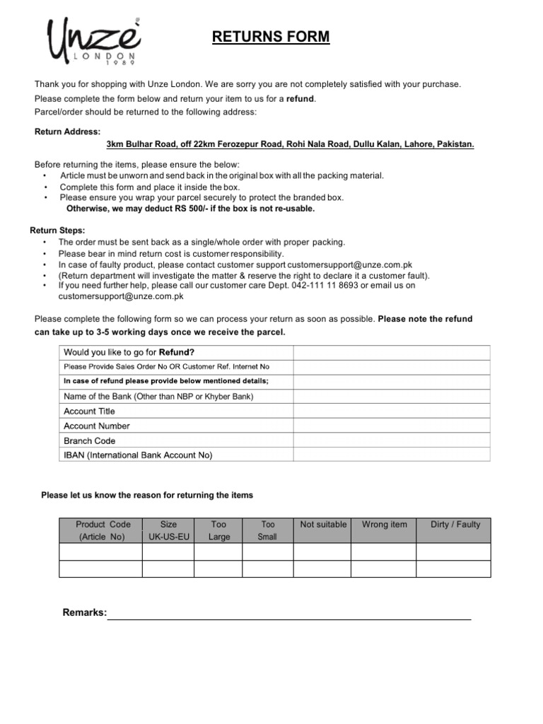 Unze London Returns Form Instructions | PDF