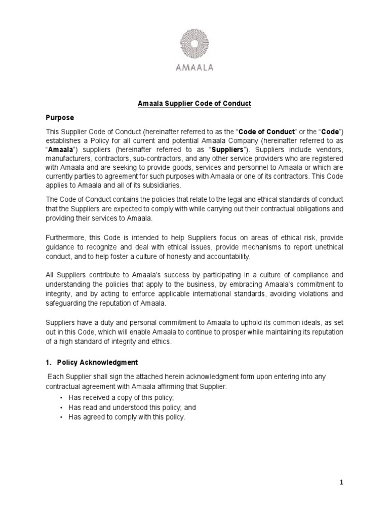 Appendix B - Amaala Supplier Code of Conduct + Acknowledgement Form ...