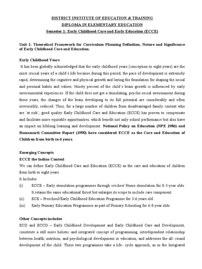 Unit 1 ECCE | PDF | Early Childhood Education | Preschool