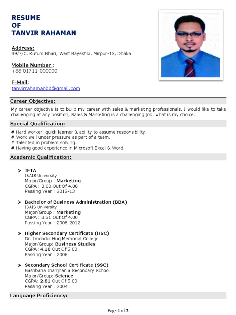Resume of Tanvir Rahaman Seeking a Career in Sales and Marketing | PDF | Cognition | Cognitive ...