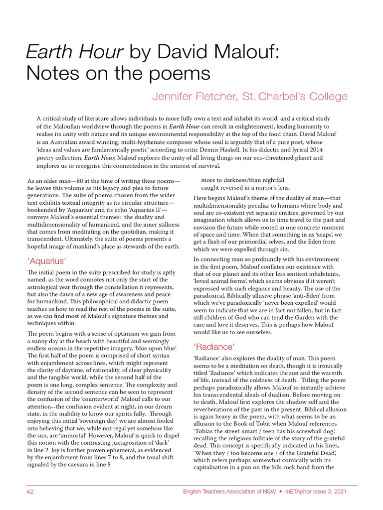 Malouf's Earth Hour: A Study Guide | PDF | Poetry | Mind