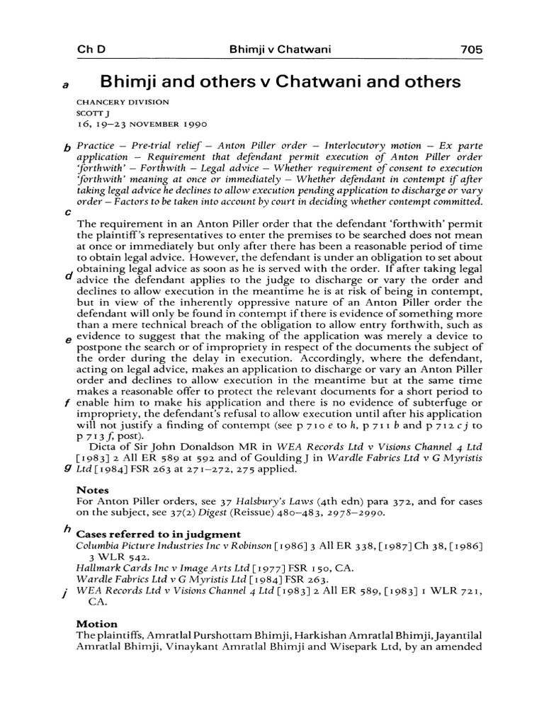 Bhimji and Others V Chatwani and Others (1991) 1 All ER 705 | PDF