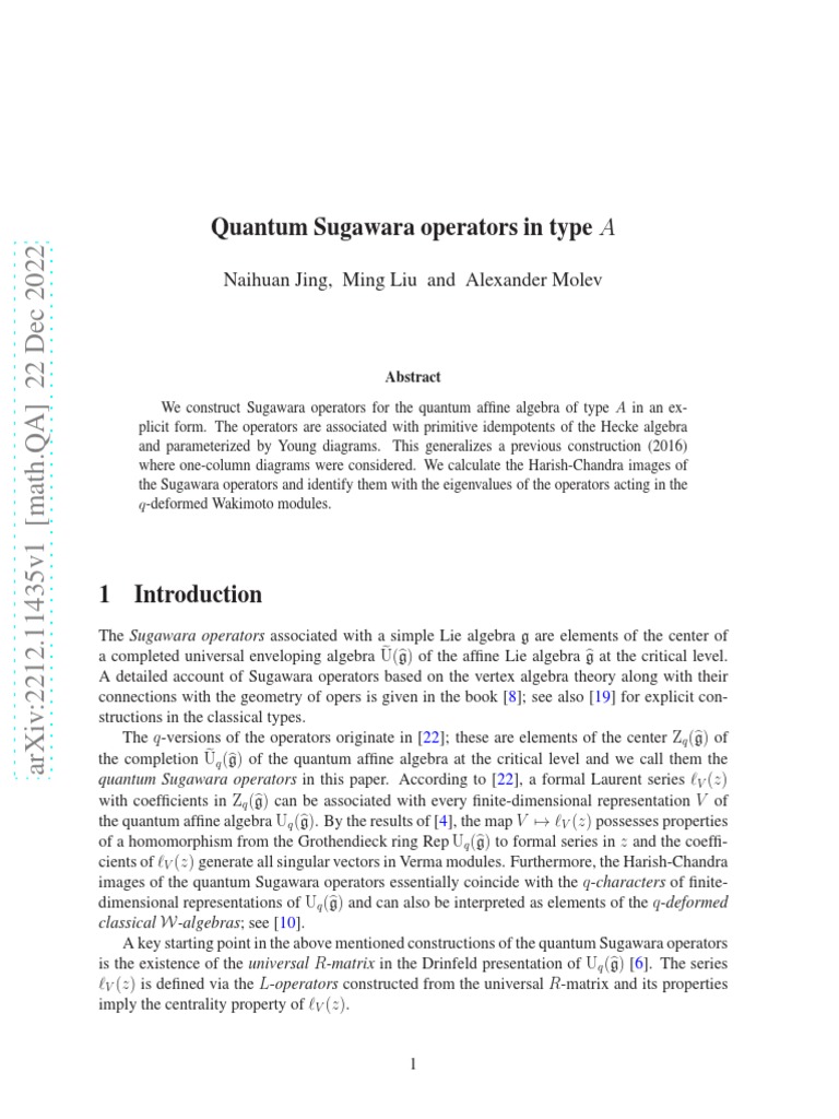 Quantum Sugawara Operators in Type: Naihuan Jing, Ming Liu and Alexander Molev | PDF | Matrix ...