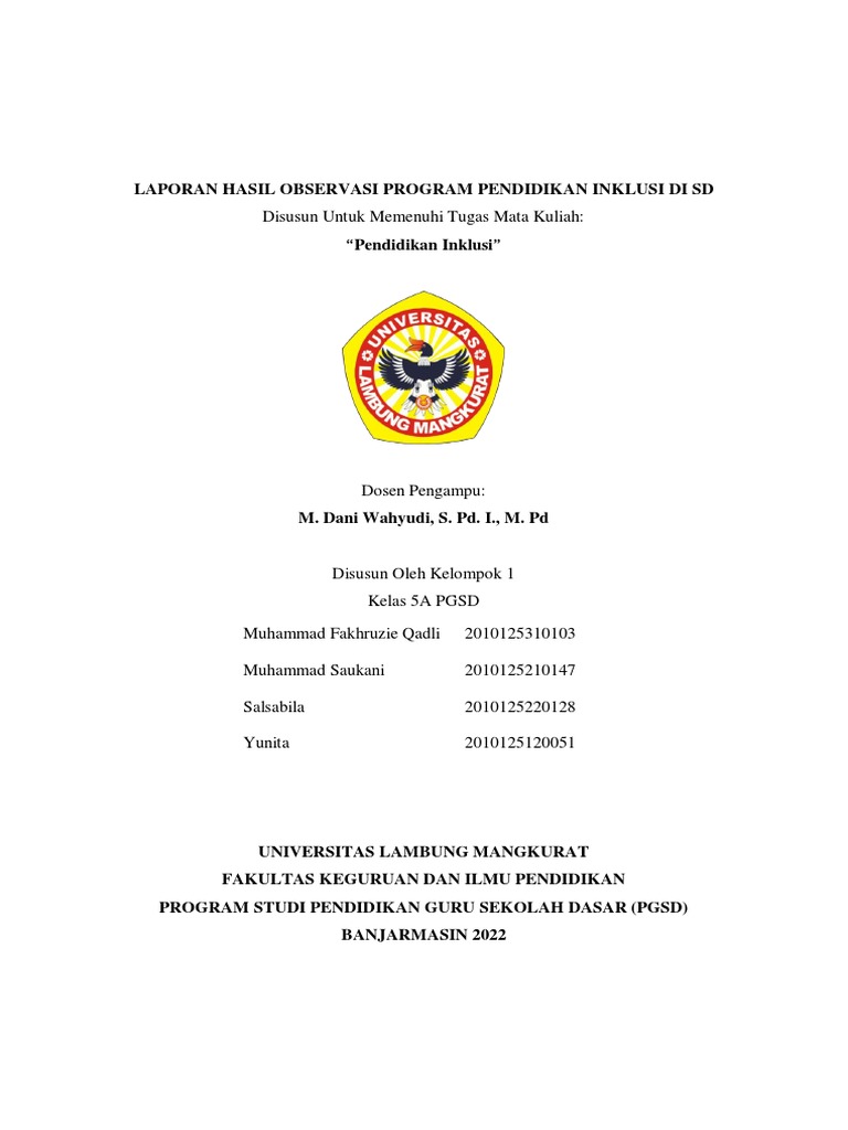 Kelompok 1 - Laporan Hasil Observasi Pendidikan Inklusi | PDF