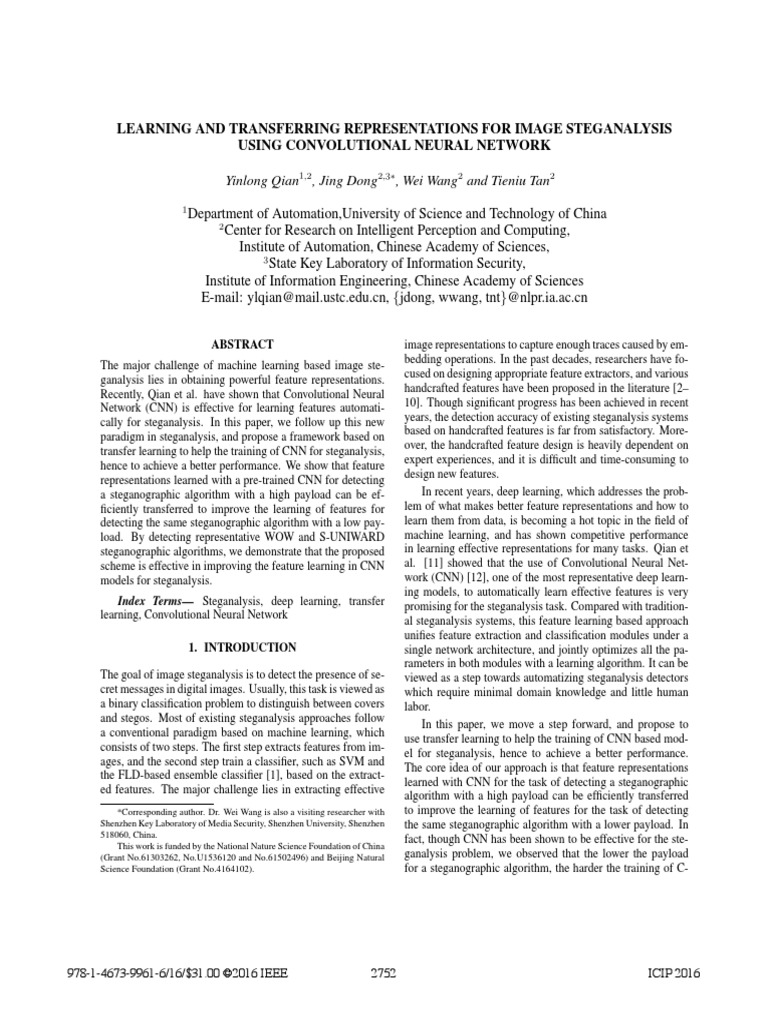 Learning and Transferring Representations For Image Steganalysis Using Convolutional Neural ...