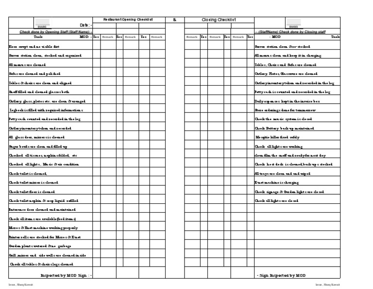 Restaurant OPENING & Closing Checklist. | PDF