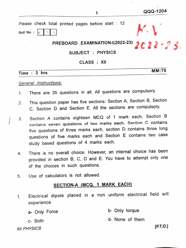 KV Preboard Physics Paper 2022-23 | PDF | Valence And Conduction Bands ...