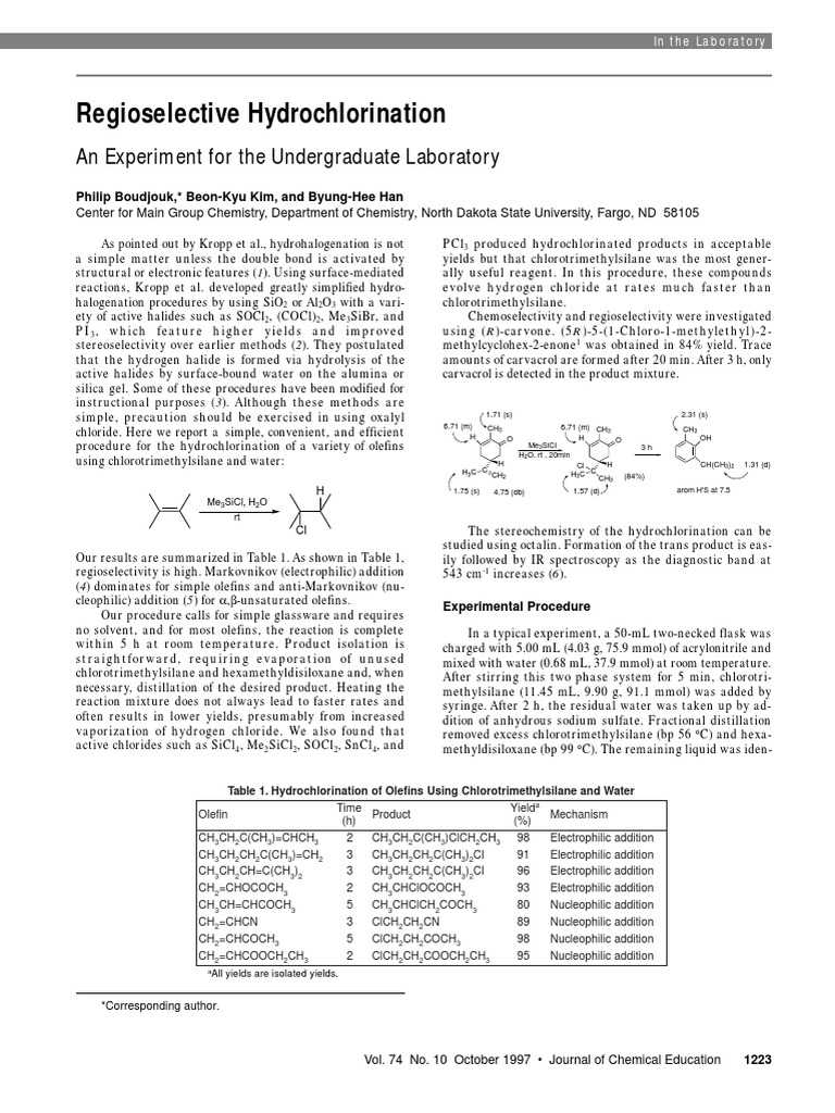Regioselective Hydrochlorination: An Experiment For The Undergraduate ...