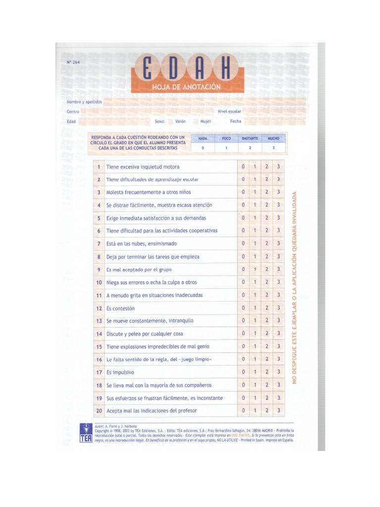Hoja de Respuesta Del Test EDAH | PDF