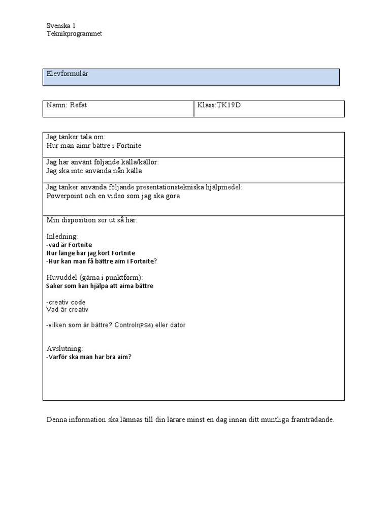 Muntlig Presentationsuppgift Svenska 1 Teknikprogrammet | PDF