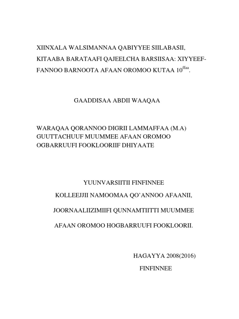 Gaaddisaa Abdii, Xi - Walsimannaa Sil, Sirn Barnootaa | PDF