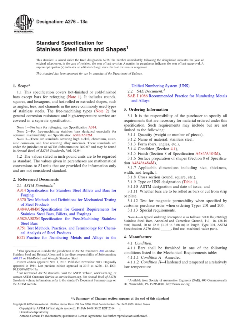 ASTM A276-2013a | PDF | Stainless Steel | Steel