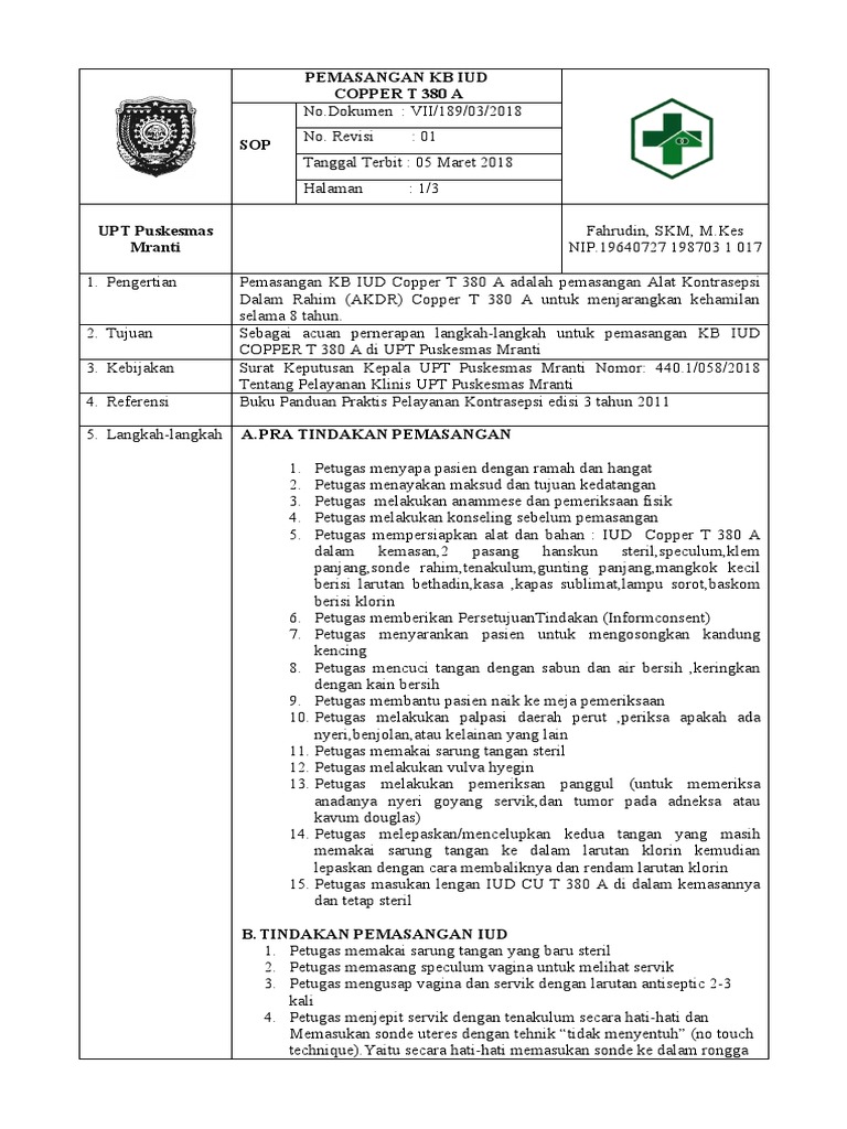 Pemasangan KB Iud Copper T 380 A SOP | PDF