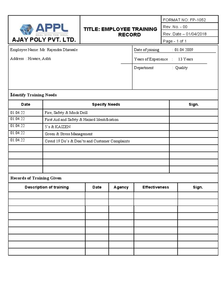 Rajendra Dhawale Training Need | PDF | Medicine | Occupational Safety ...