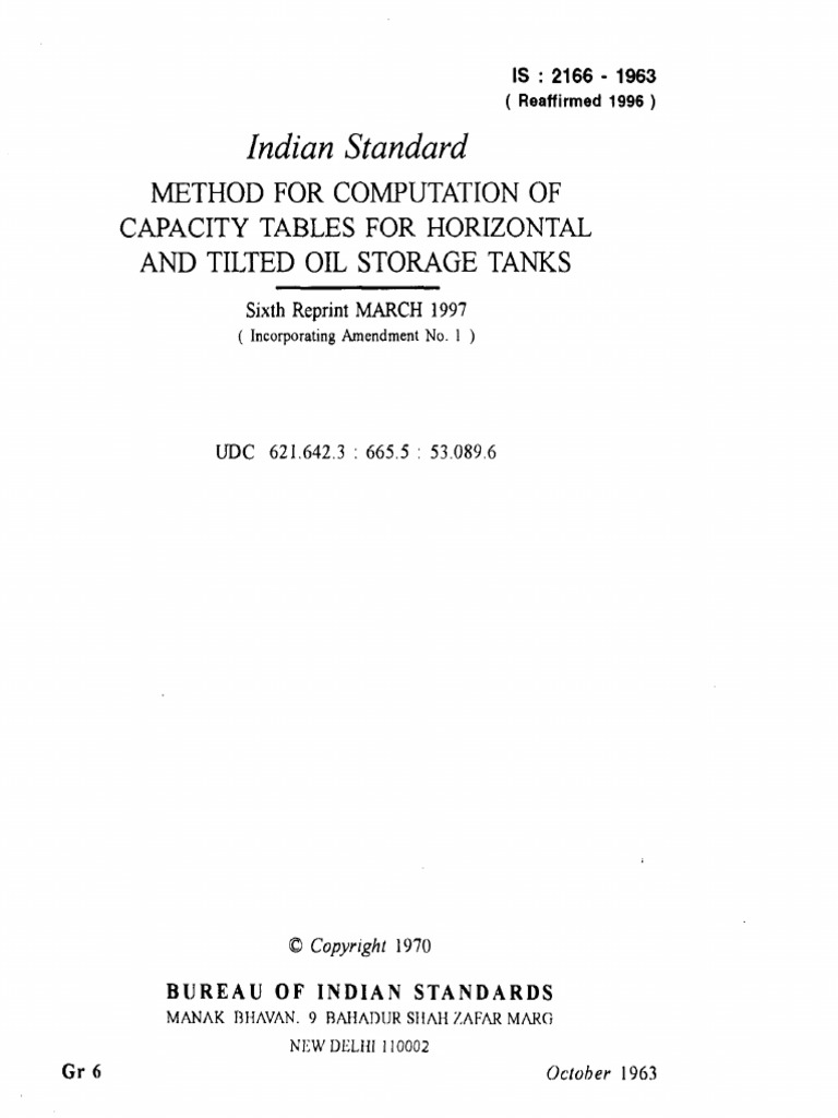 Indian Standard: Method For Computation of Capacity Tables For Horizontal and Tilted Oil Storage ...