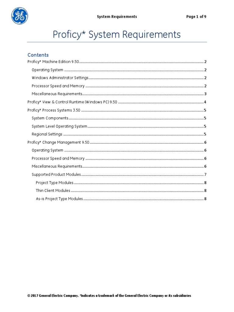GE Automation Proficy Machine Edition Software System Requirements ...