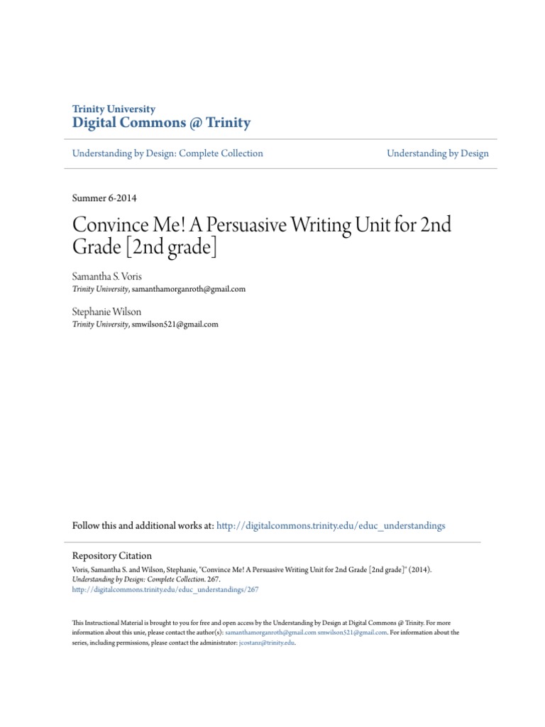 Convince Me! A Persuasive Writing Unit For 2nd Grade 2nd Grade | PDF | Persuasion | Cognition